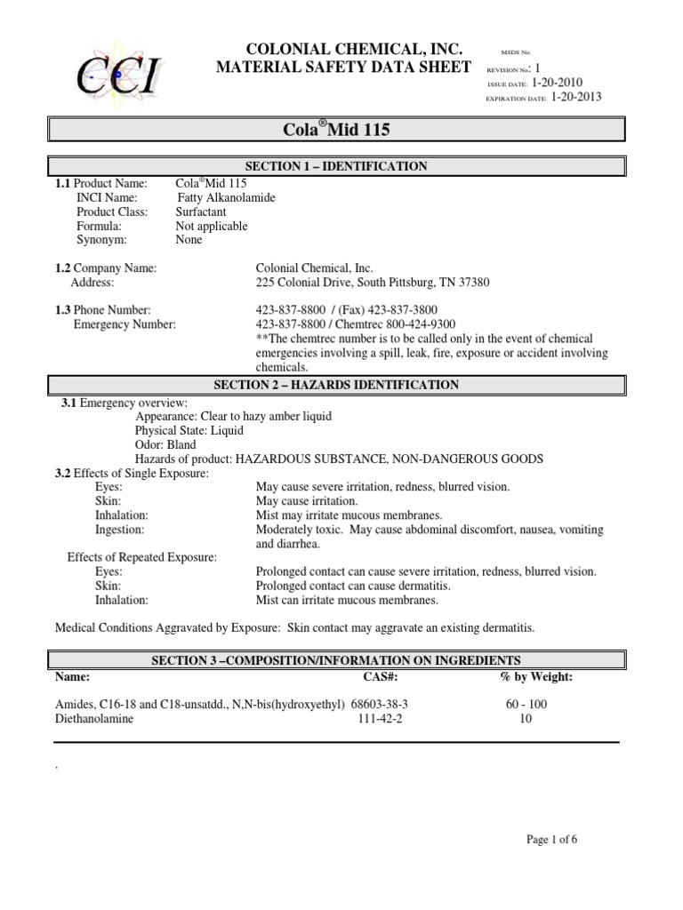 Msds Colamid 115 (16 Section) | PDF | Toxicity | Hypothermia
