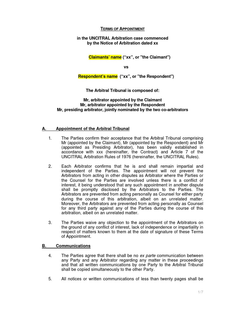 07 Sample Terms of Appointment | Arbitral Tribunal | Arbitration