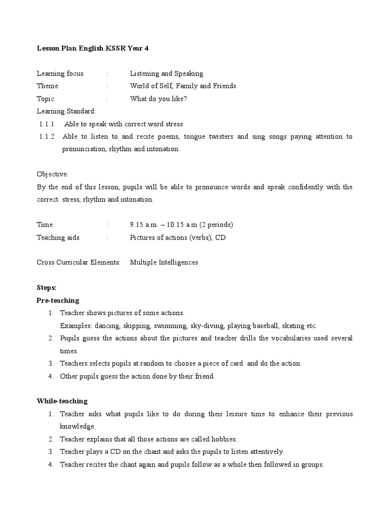 Year 4 English Lesson Plan: Hobbies | PDF