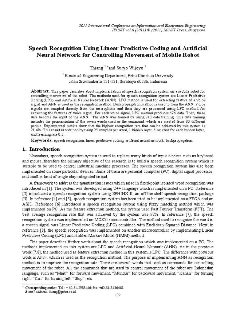 Speech Recognition Using Linear Predictive Coding and Artificial Neural Network For Controlling ...