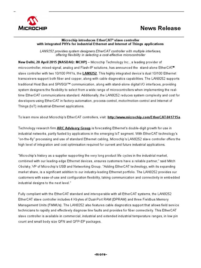 Microchip Introduces EtherCAT® Slave Controller With Integrated PHYs ...