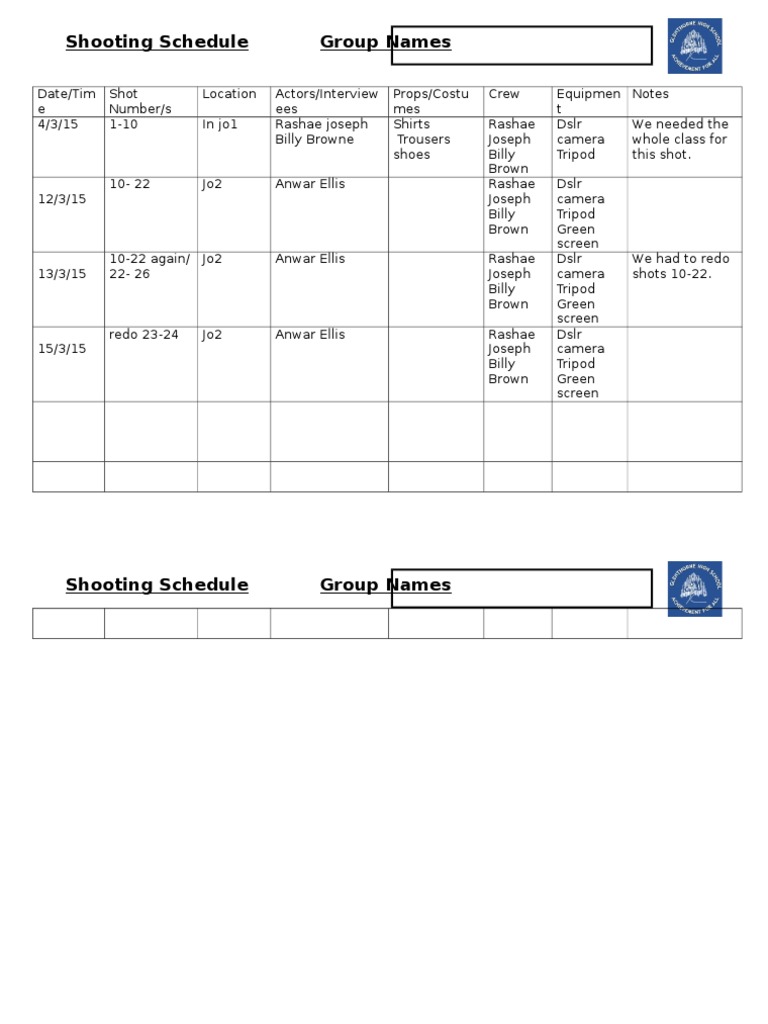 Shooting Schedule | PDF