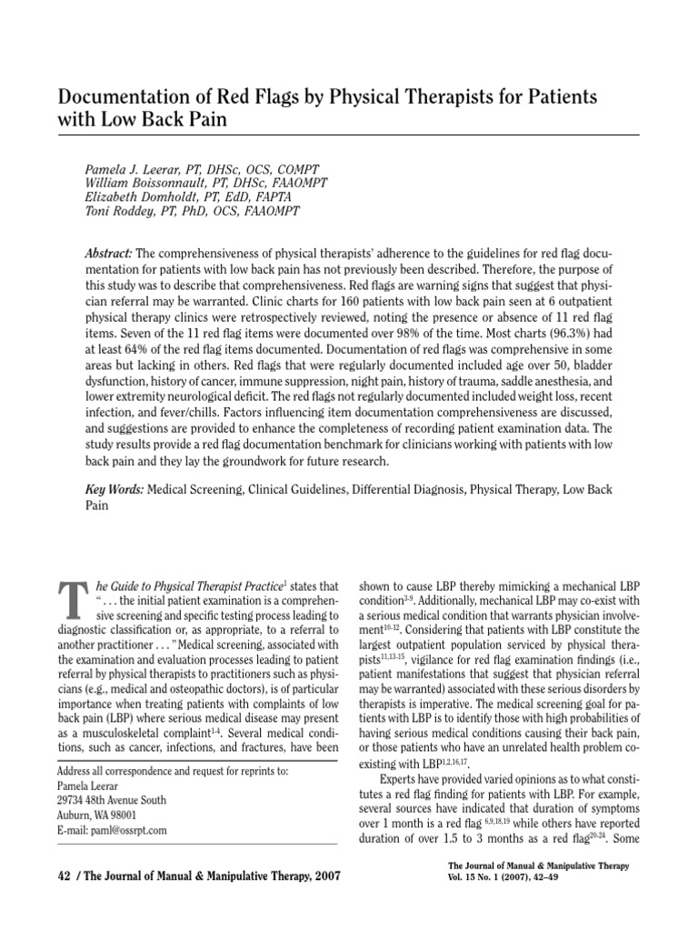 Documentation of Red Flags by Physical Therapists For Patients With Low ...