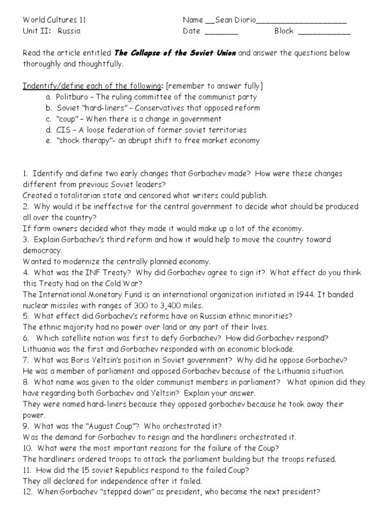 Reading Questions On The Collapse 2014-15 | PDF | Mikhail Gorbachev ...
