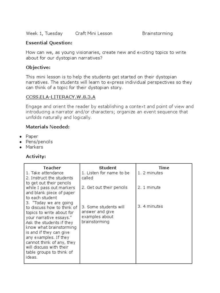 Essential Question:: Ccss - Ela-Literacy.W.8.3.A | PDF | Brainstorming ...