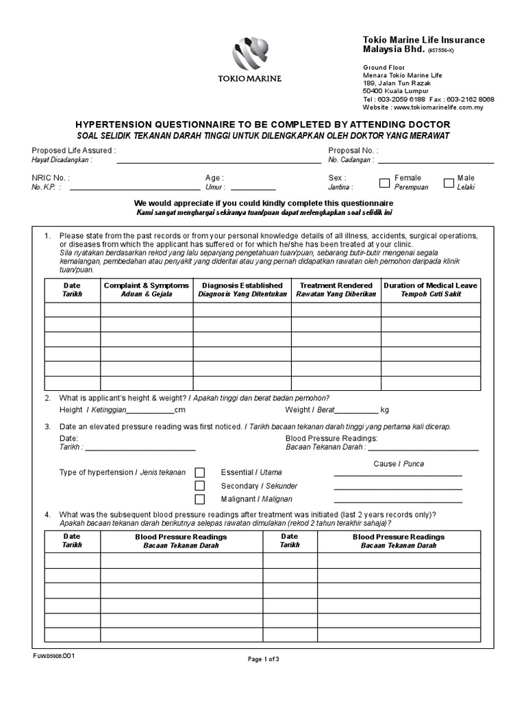 Hypertension Questionnaire To Be Completed by Attending Doctor | PDF ...