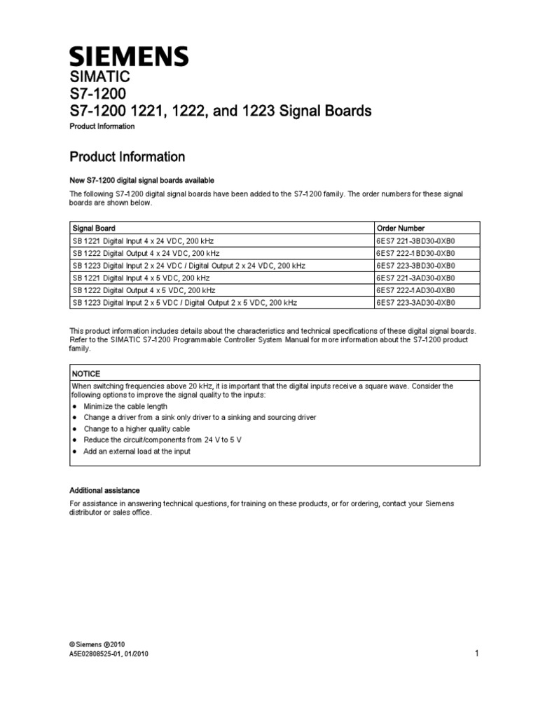 S7-1200 1221, 1222, and 1223 Signal Boards | PDF | Digital Signal | Cable