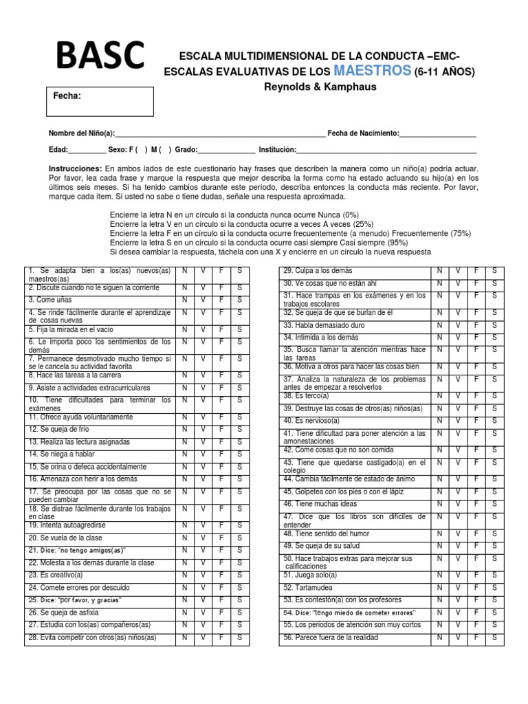 Escalas Evaluativas Basc 6 A 11 Aã Os | PDF | Ocio