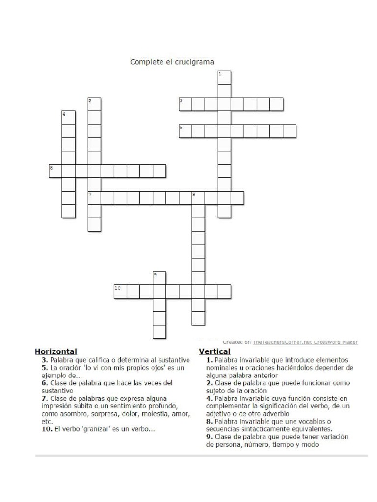 Crucigrama Clases de Palabras | PDF