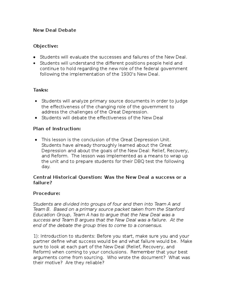 New Deal Debate Lesson Plan Outline | PDF | New Deal | Native Americans ...