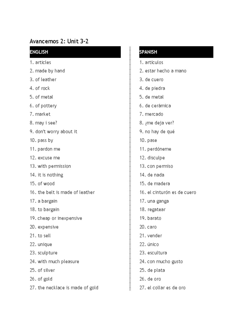 Avancemos 2: Unit 3-2 Vocabulary Guide | PDF | Home & Garden