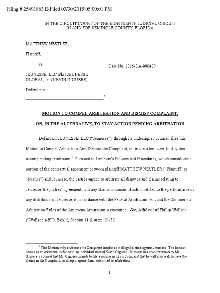 Jeunesse Answer / Motion To Compel Arbitration | PDF | Arbitration ...