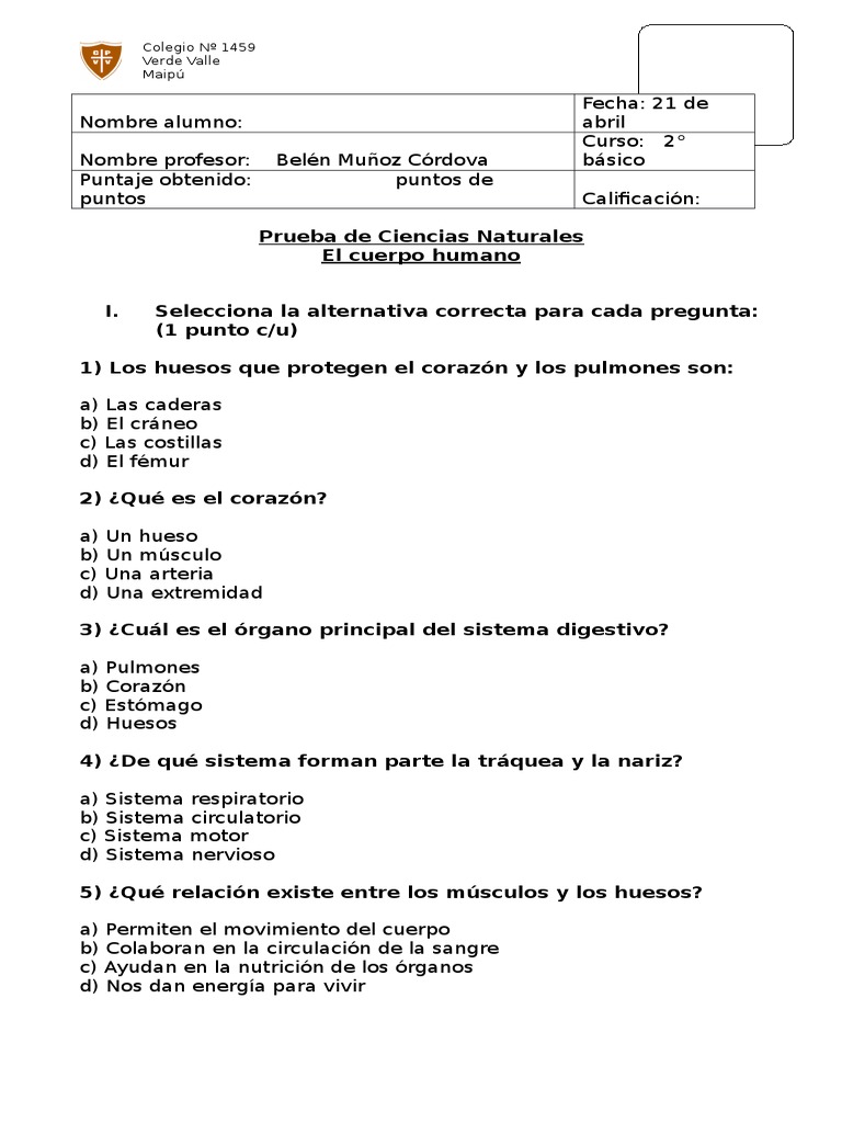 Prueba de Ciencias Naturales 2do Sistemas Del Cuerpo Humano | PDF ...