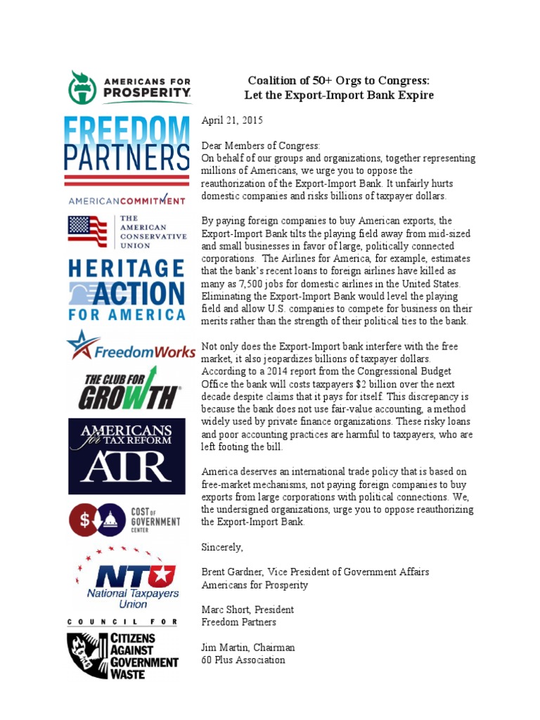 Exim Coalition Letter Final WITH LOGOS | PDF | Politics Of The United ...