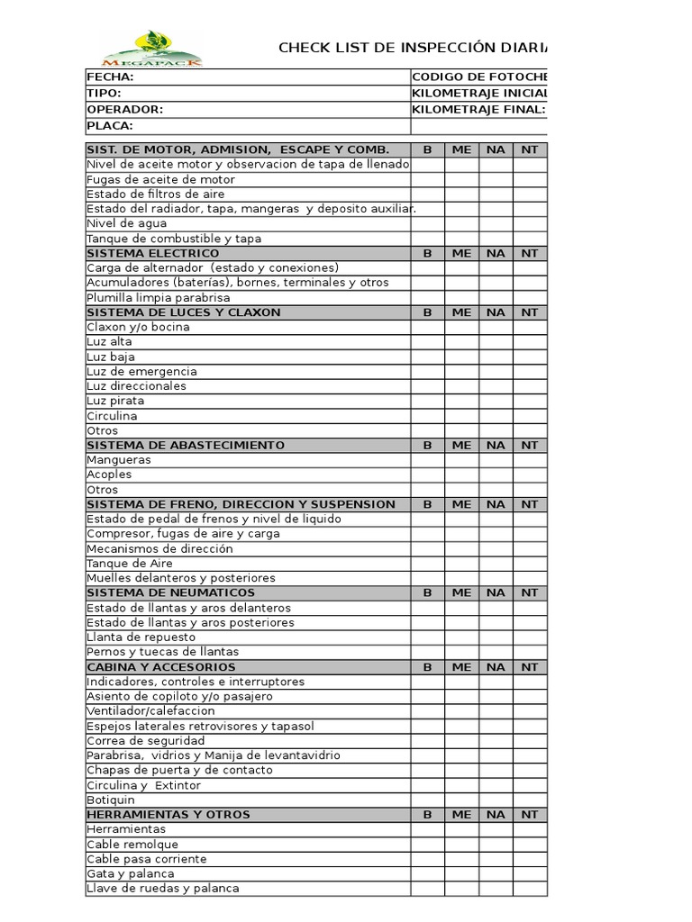 CHECK LIST DE CISTERNA.xlsx | Turbocompresor | Embrague | Prueba ...