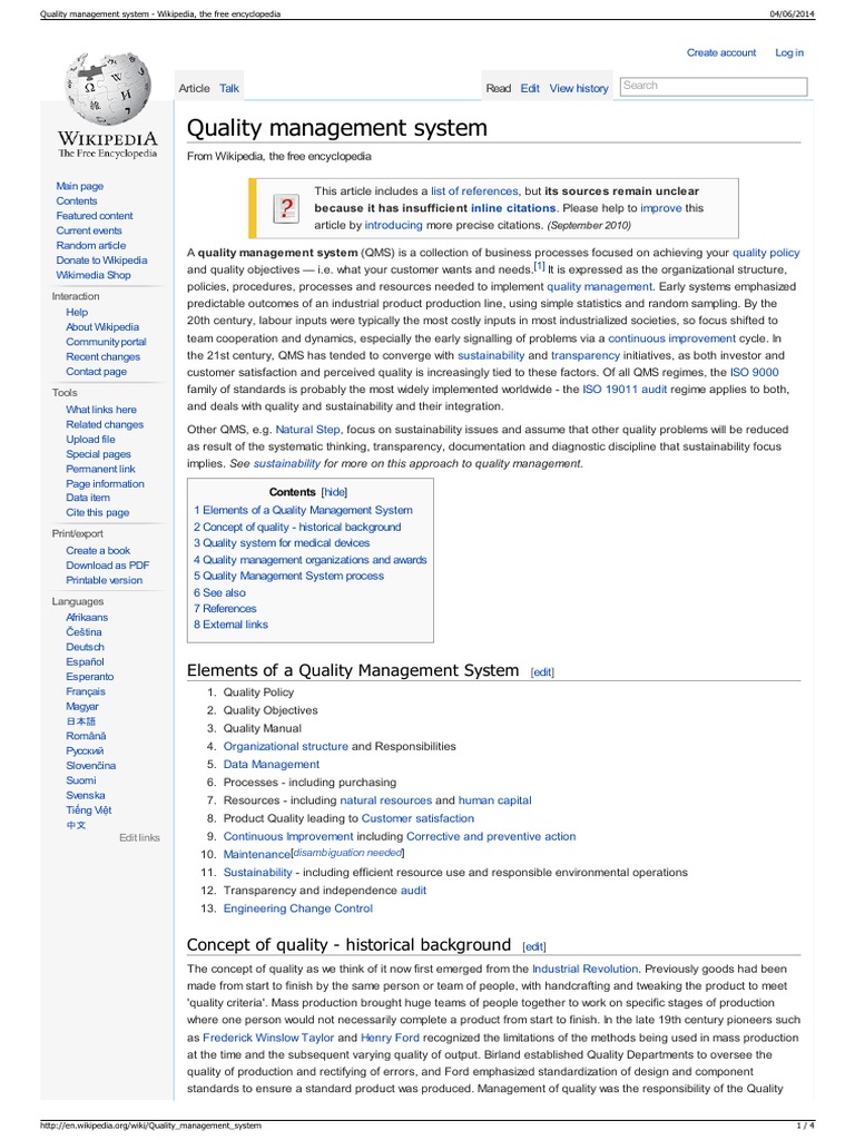 Quality Management System - Wikipedia, The Free Encyclopedia | PDF ...