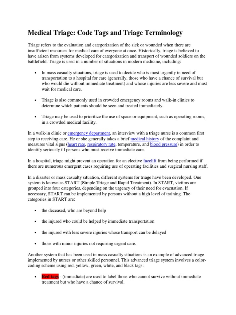 Medical Triage: Code Tags and Triage Terminology | PDF