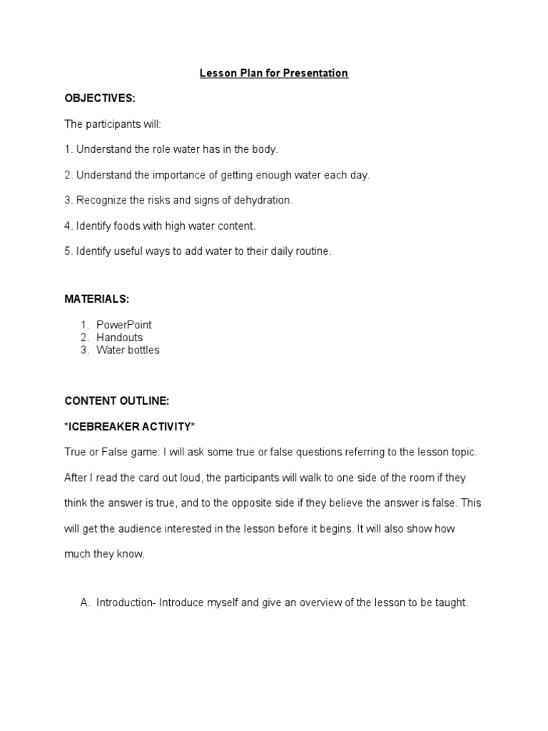 Lesson Plan For Presentation | PDF | Dehydration | Drinking