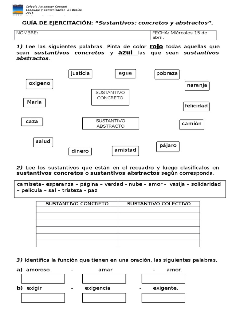 Ejercicios de Sustantivos Concretos y Abstractos | PDF | Estudios de ...