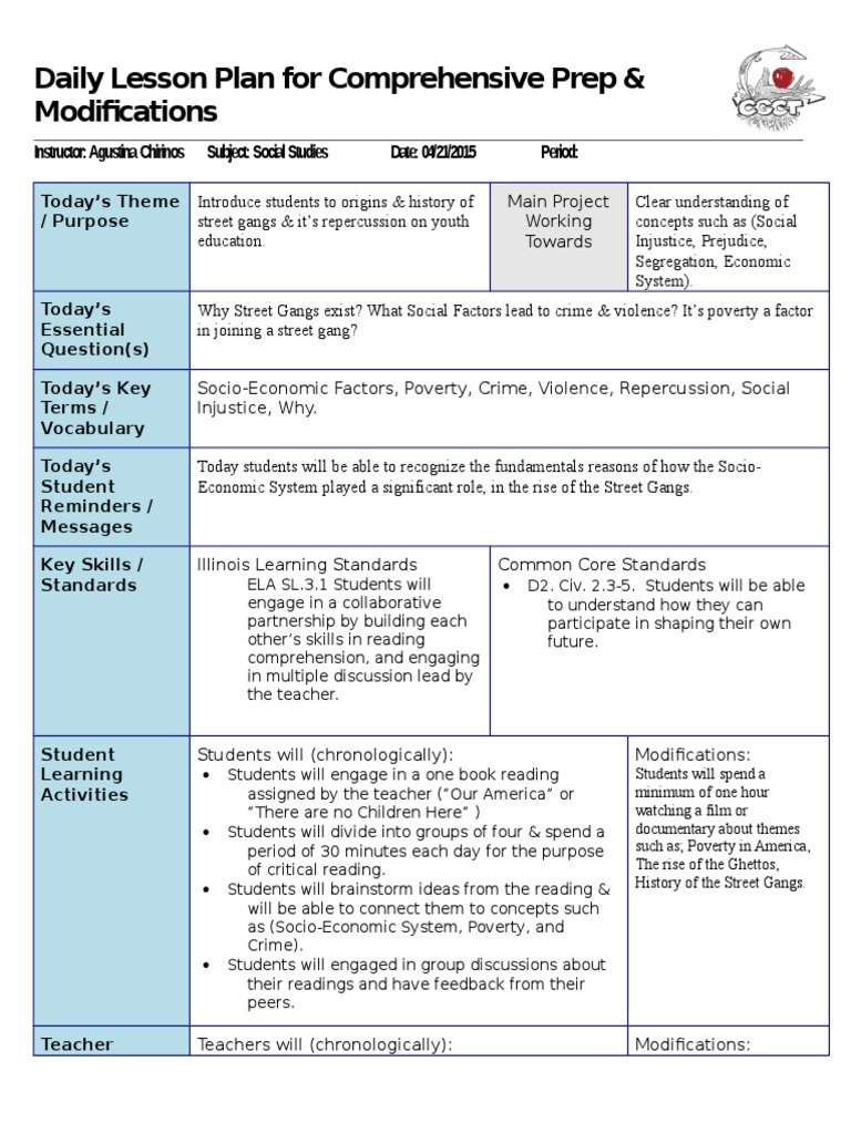 Daily Lesson Plan For Comprehensive Prep & Modifications | PDF ...