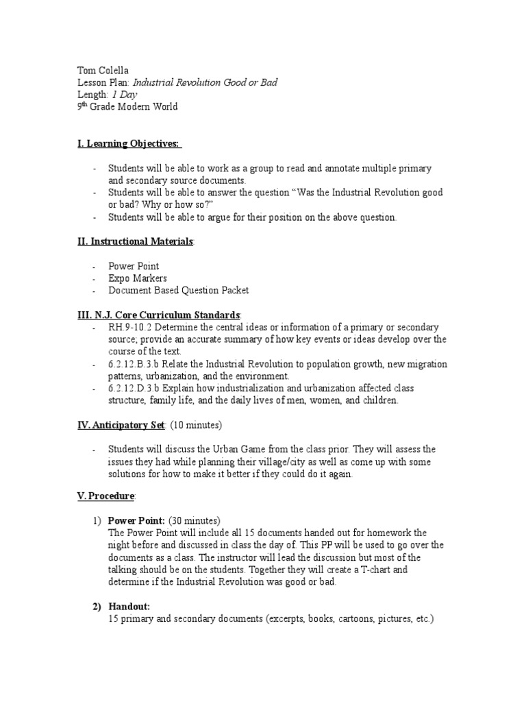 Evaluating the Industrial Revolution | PDF | Lesson Plan | Test ...