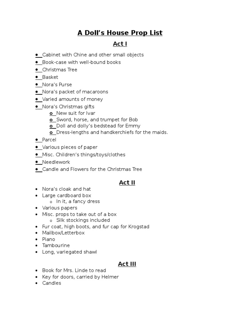 A Doll's House Complete Prop List | PDF