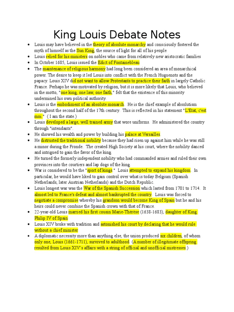 King Louis Debate Notes | PDF | Louis Xiv Of France | Absolute Monarchy