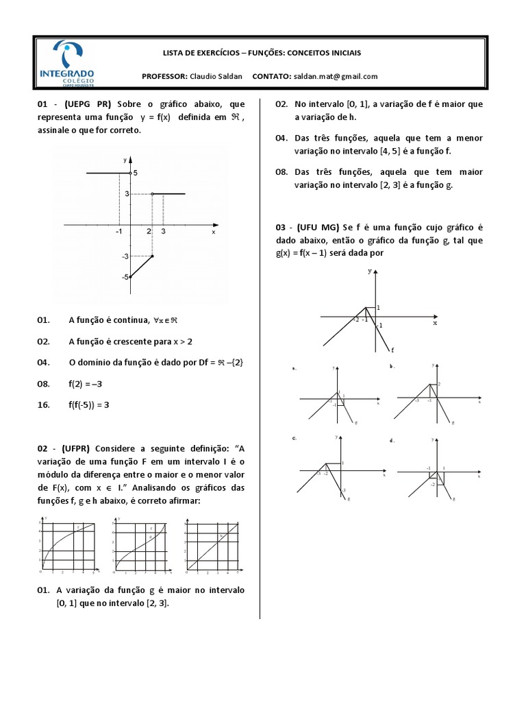 Exercícios sobre Funções Matemáticas | PDF | Função (Matemática) | Lógica