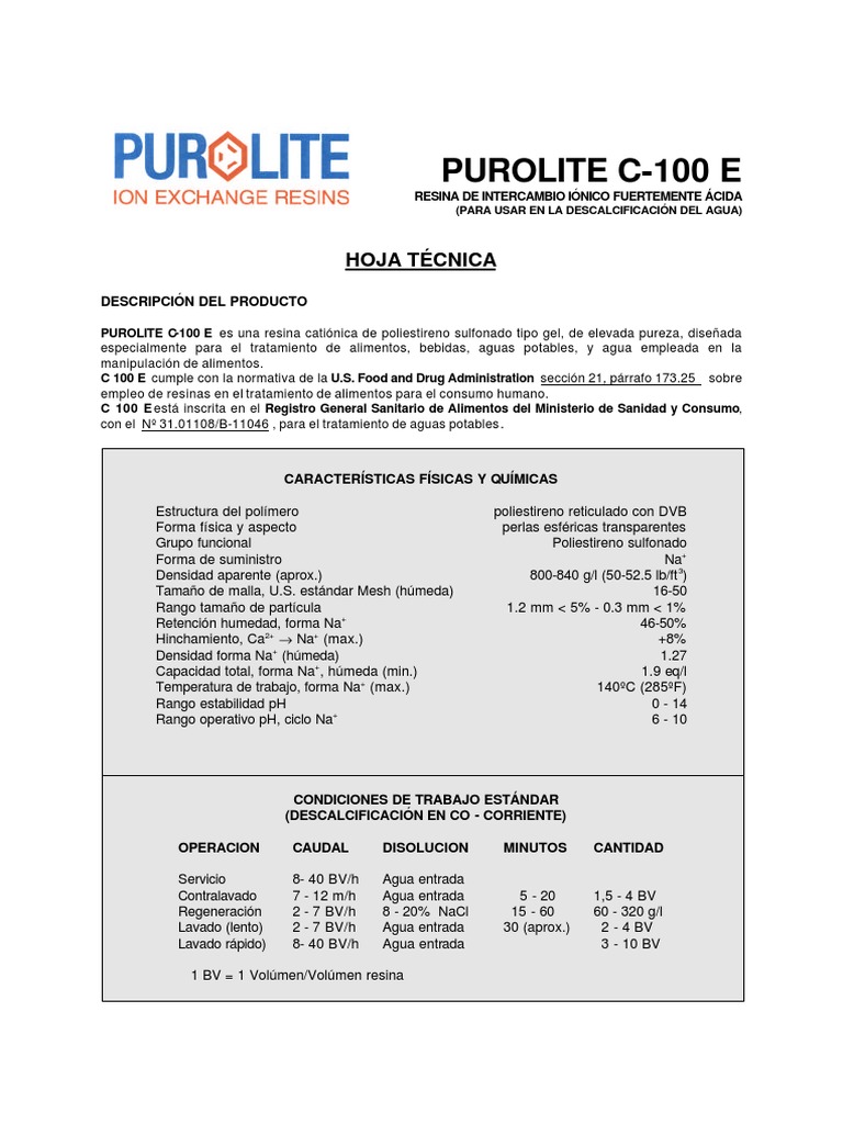 Purolite c100 e (Esp) Resina Cationica | PDF | Química | Ciencias fisicas