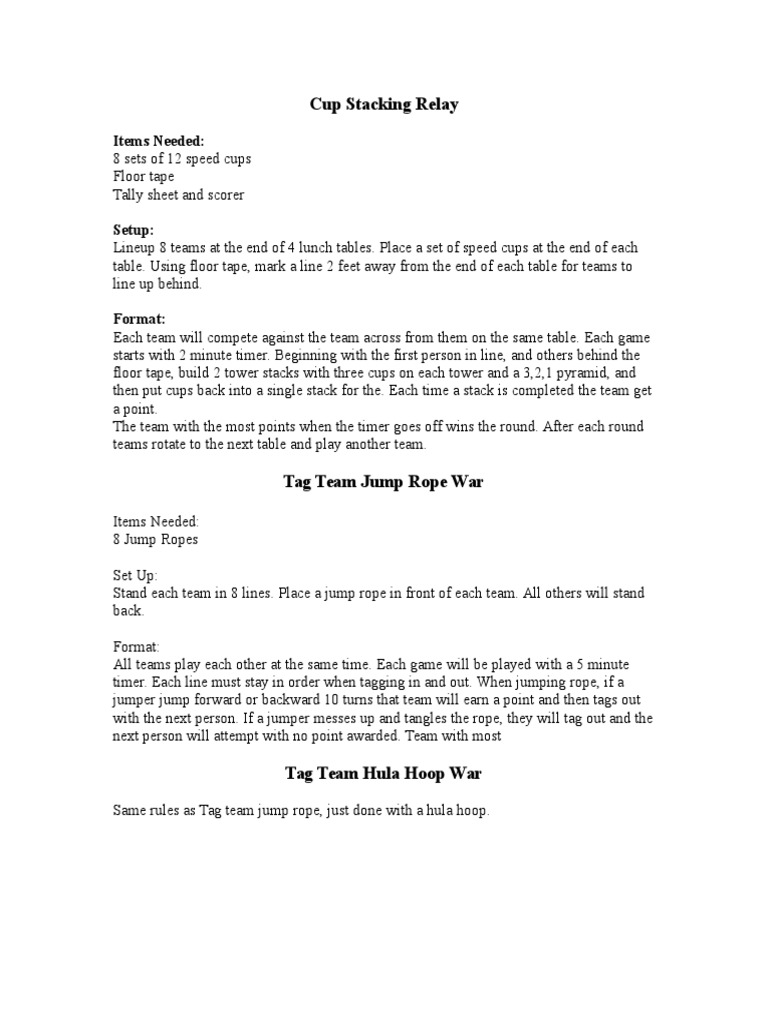 Cup Stacking Relay: Items Needed | PDF