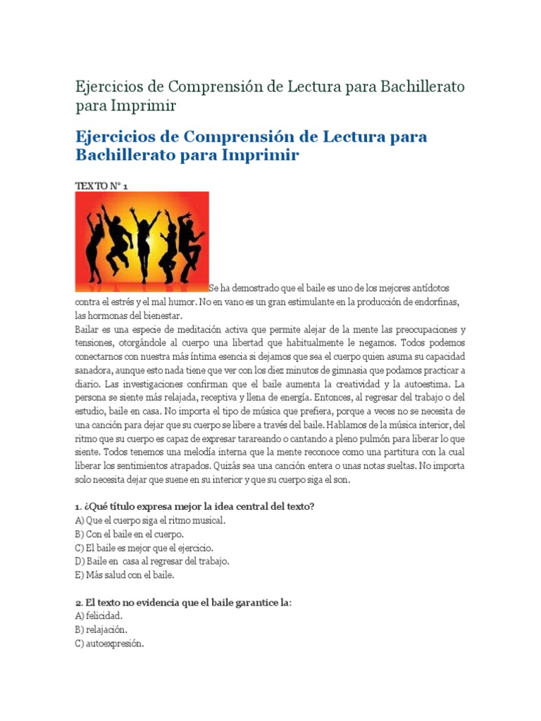 Ejercicios de Comprensión de Lectura Para Bachillerato Para Imprimir | Amor | Ejercicio físico