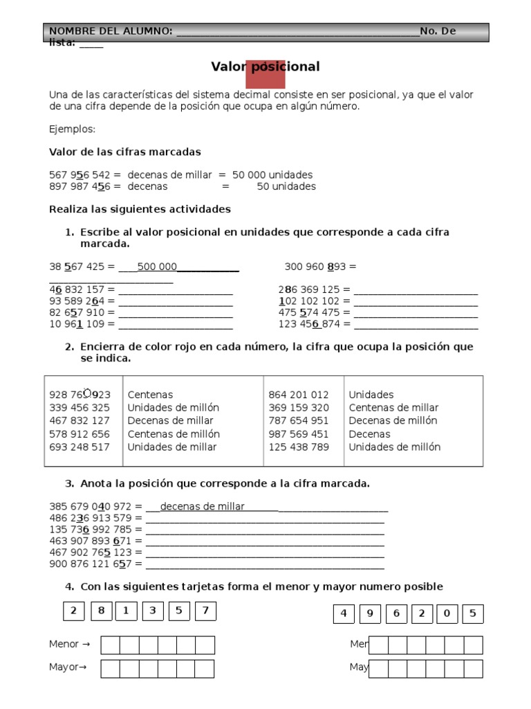 Matematica. Valor Posicional de Los Numeros Naturales.