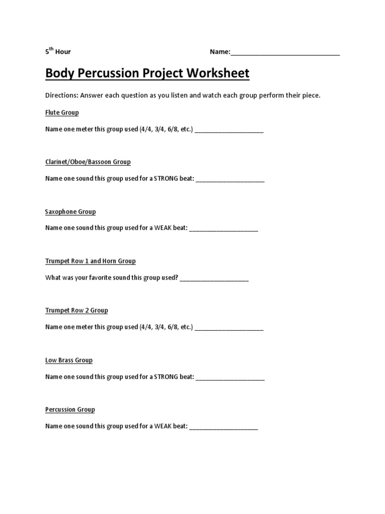 Music Class Body Percussion Worksheet | PDF