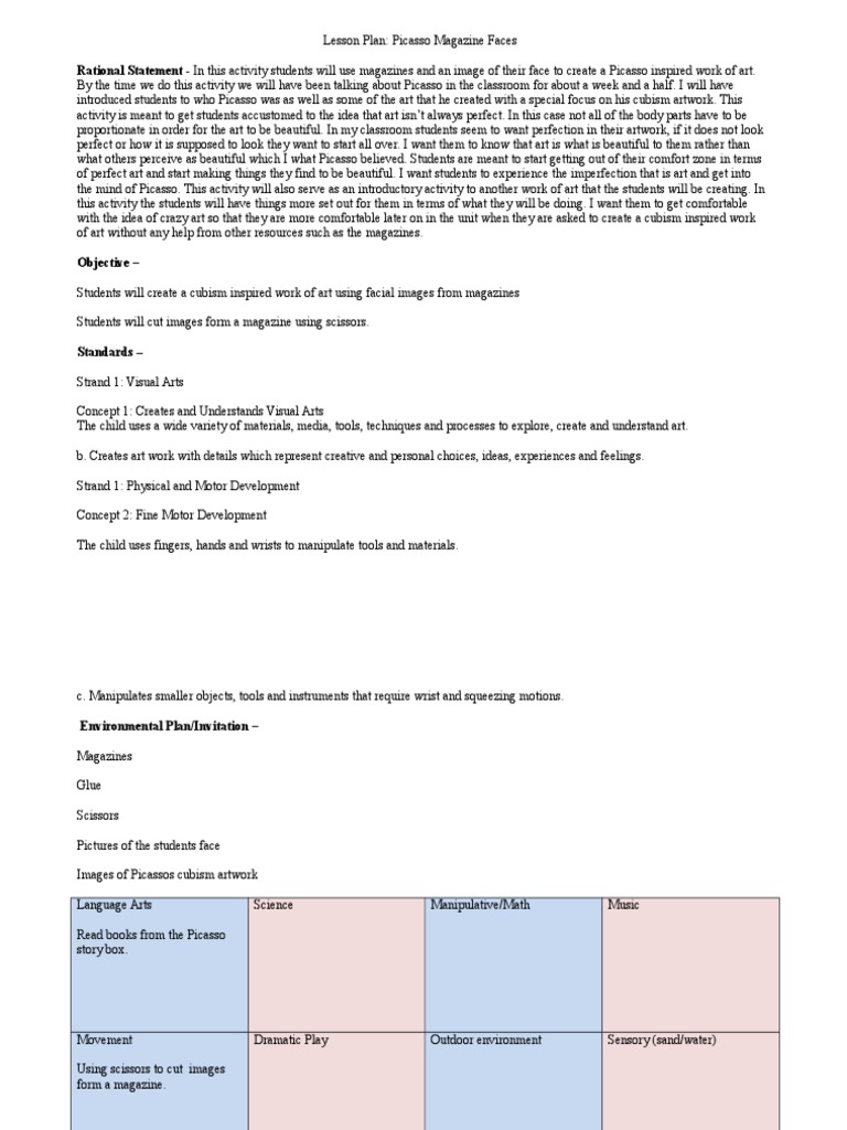 Artistic Unit Lesson Plan | PDF | Cubism | Pablo Picasso