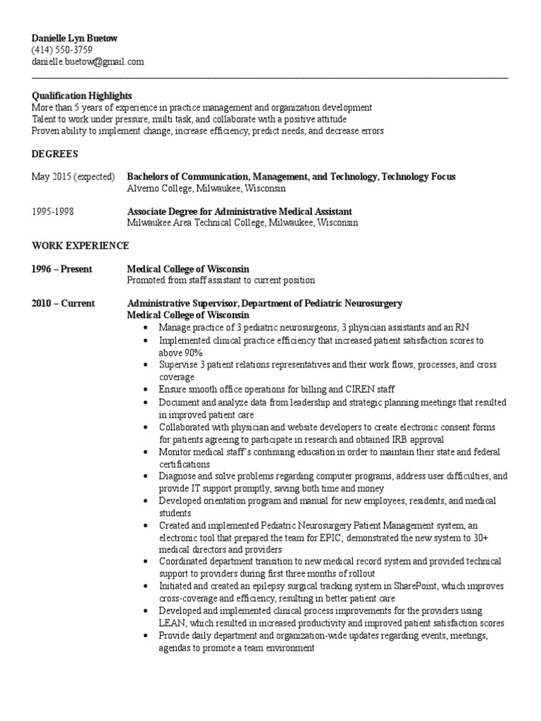 Danielle Lyn Buetow: Career Overview | PDF | Patient | Neurosurgery