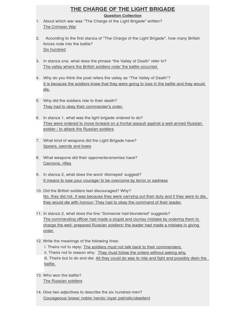 Charge of the Light Brigade Q&A Guide | PDF | Battles | Warfare Of The ...