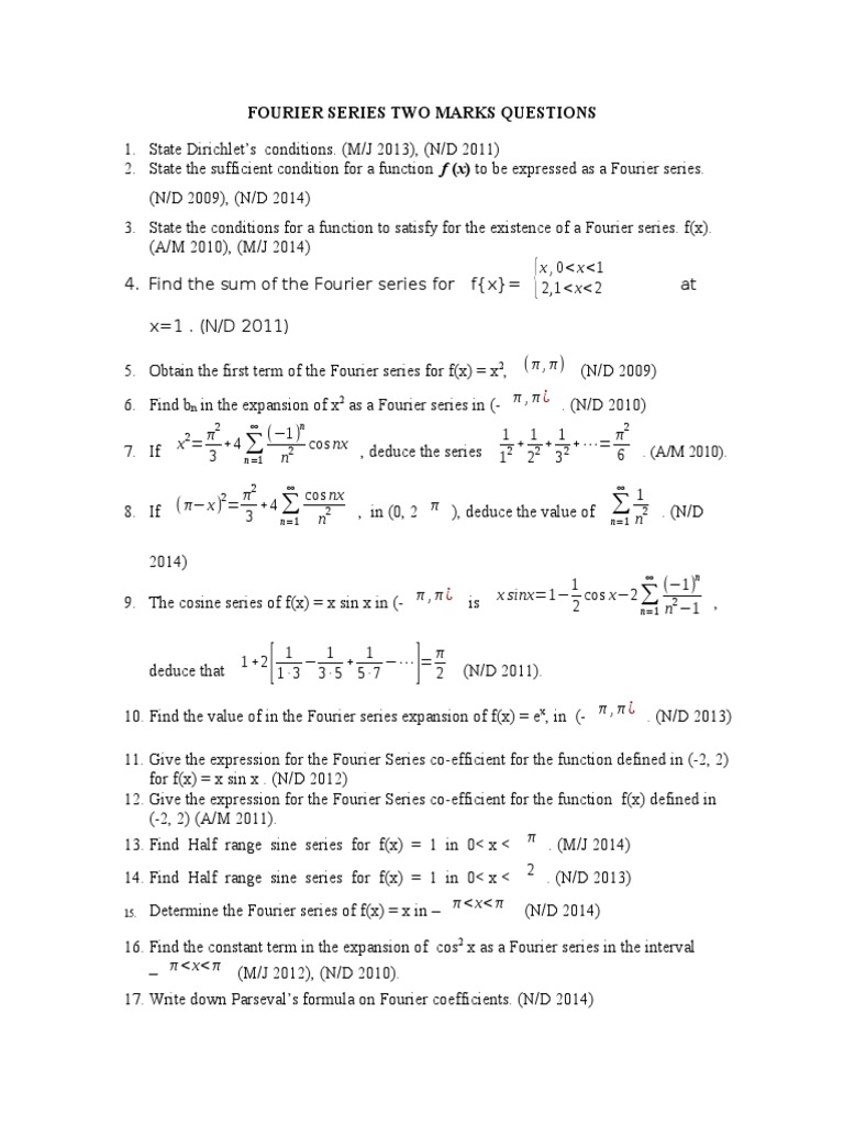 Fourier Series Two Marks Questions | PDF | Fourier Series | Fourier Transform