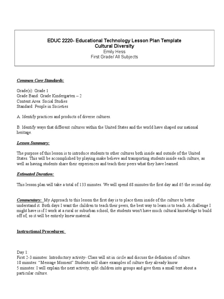 EDUC 2220-Educational Technology Lesson Plan Template Cultural ...