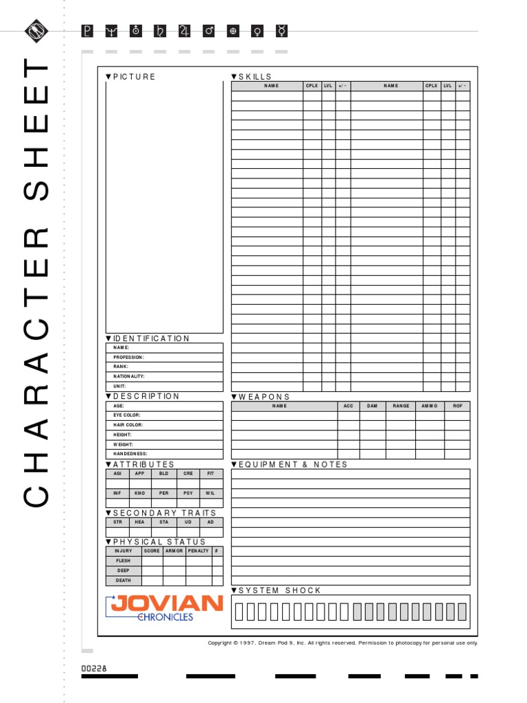 Jovian Chronicles RPG Character Sheet | PDF