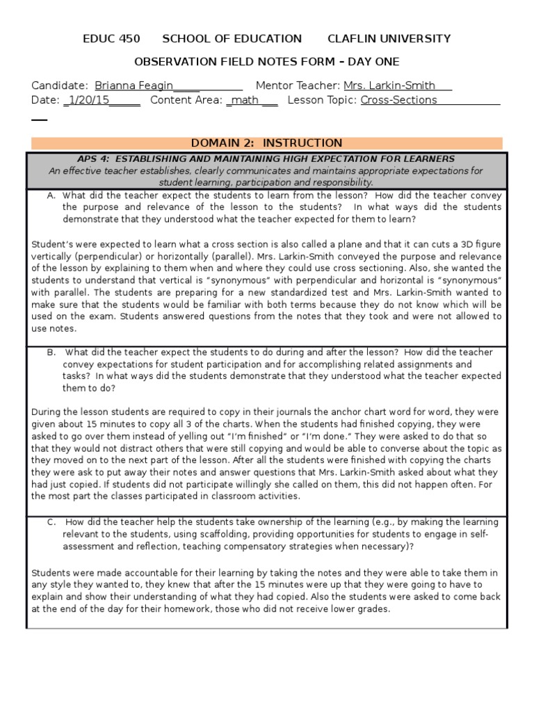 Observation Field Notes Form | PDF | Classroom | Teachers