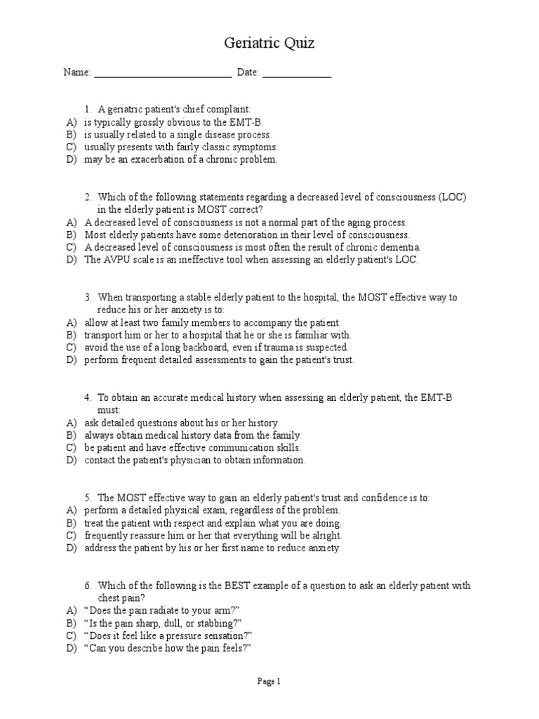 Geriatric Emt Quiz | PDF | Major Trauma | Physical Examination