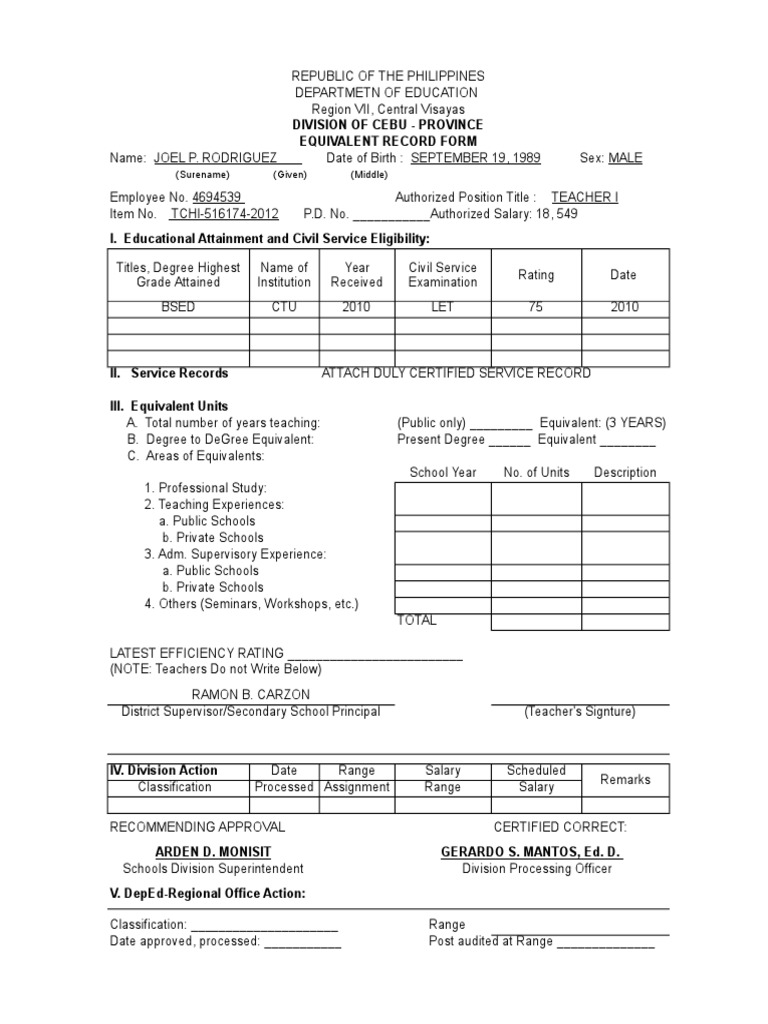 Equivalent Record Form | PDF