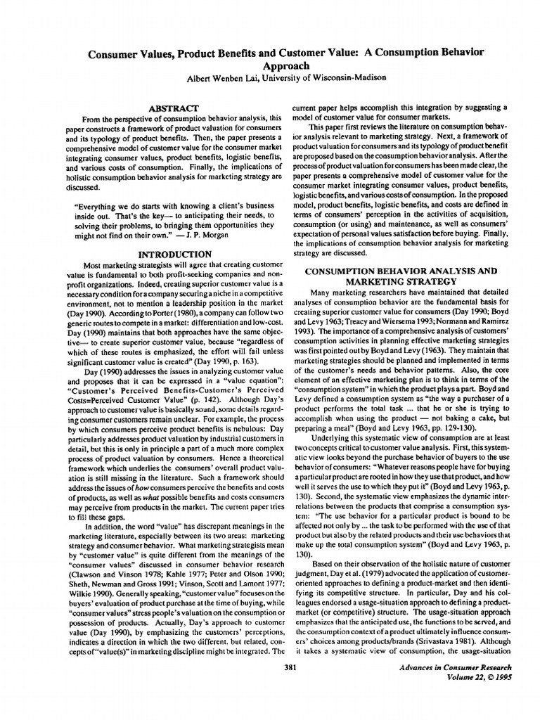 Consumer Values, Product Benefits and Customer Value A Consumption ...