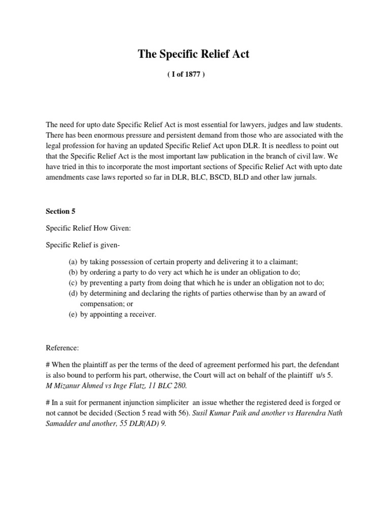 Overview of the Specific Relief Act 1877 | PDF | Specific Performance ...