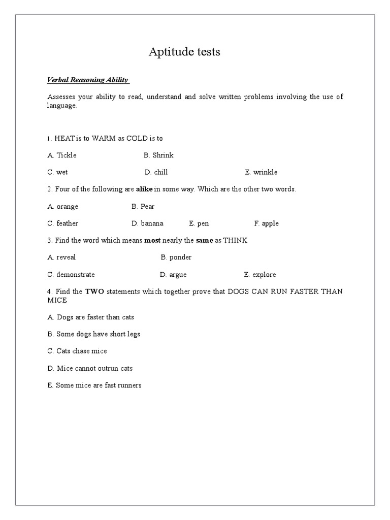 Aptitude Tests: Verbal Reasoning Ability | PDF | Career & Growth ...