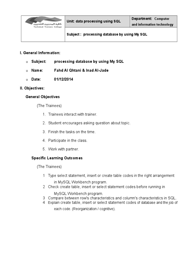 Lesson Plan Introdaction | PDF | Sql | Databases