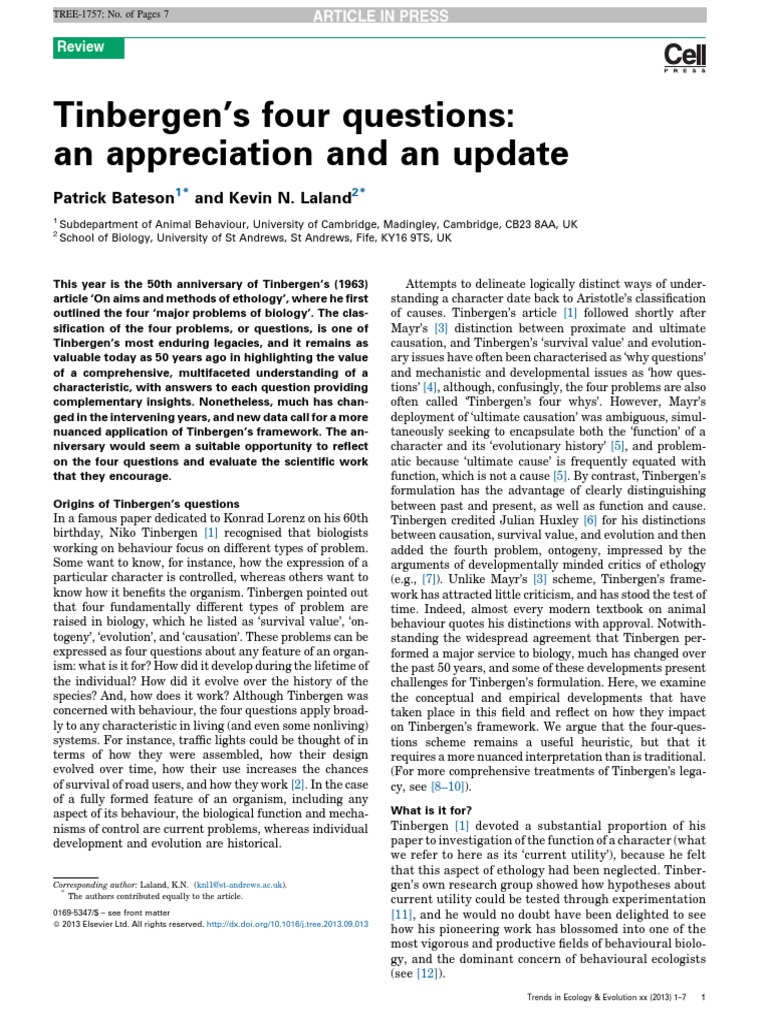 Tinbergen's 4 Questions | PDF | Ethology | Evolution