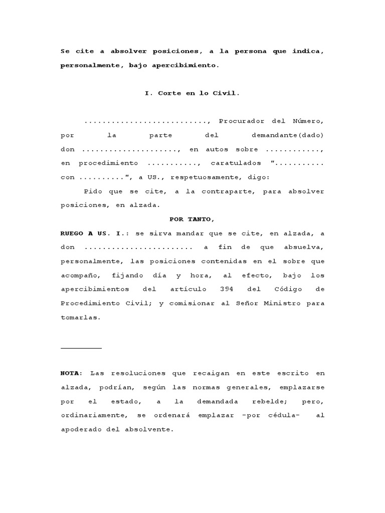 Se Cite A Absolver Posiciones, A La Persona Que Indica, Personalmente, Bajo Apercibimiento ...