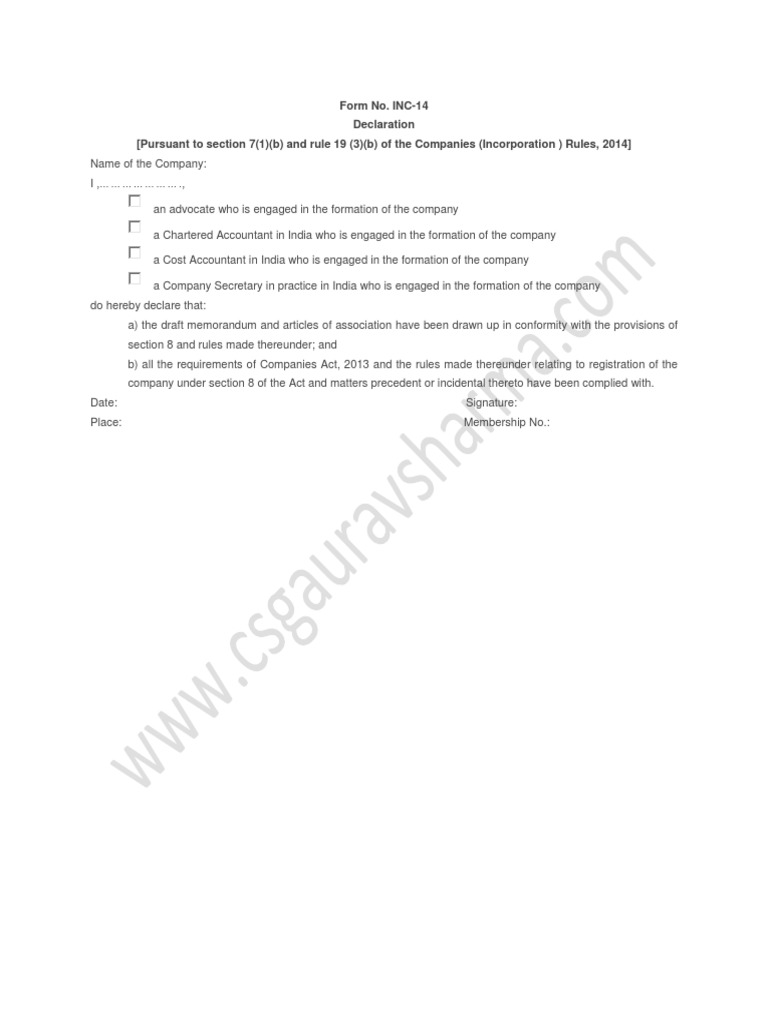 Declaration for Incorporation of INC14 Companies