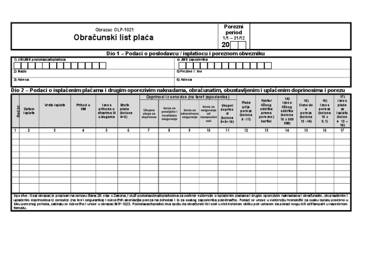 DFPU Obrazac OLP 1021 Obracunski List Placa B | PDF